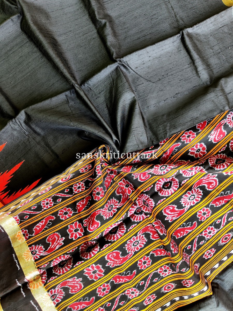 Black Orange Gicha Ikat Tussar Silk Saree - Sanskriti Cuttack