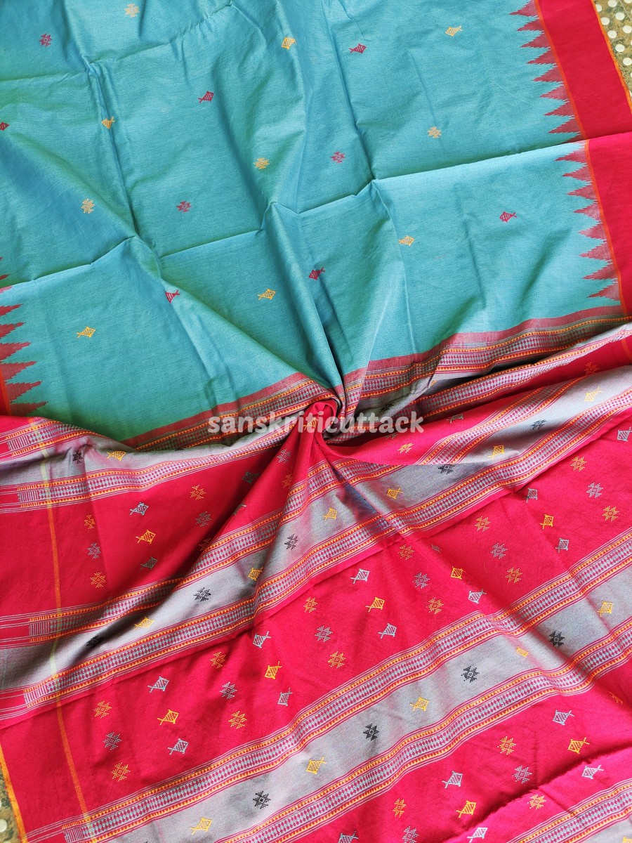 Aqua and Red Cotton Kotpad Saree - Sanskriti Cuttack