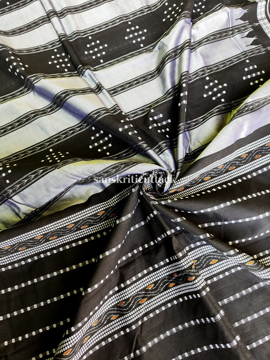 Silver Black Partly Ikat Bapta Silk Cotton Saree - Sanskriti Cuttack