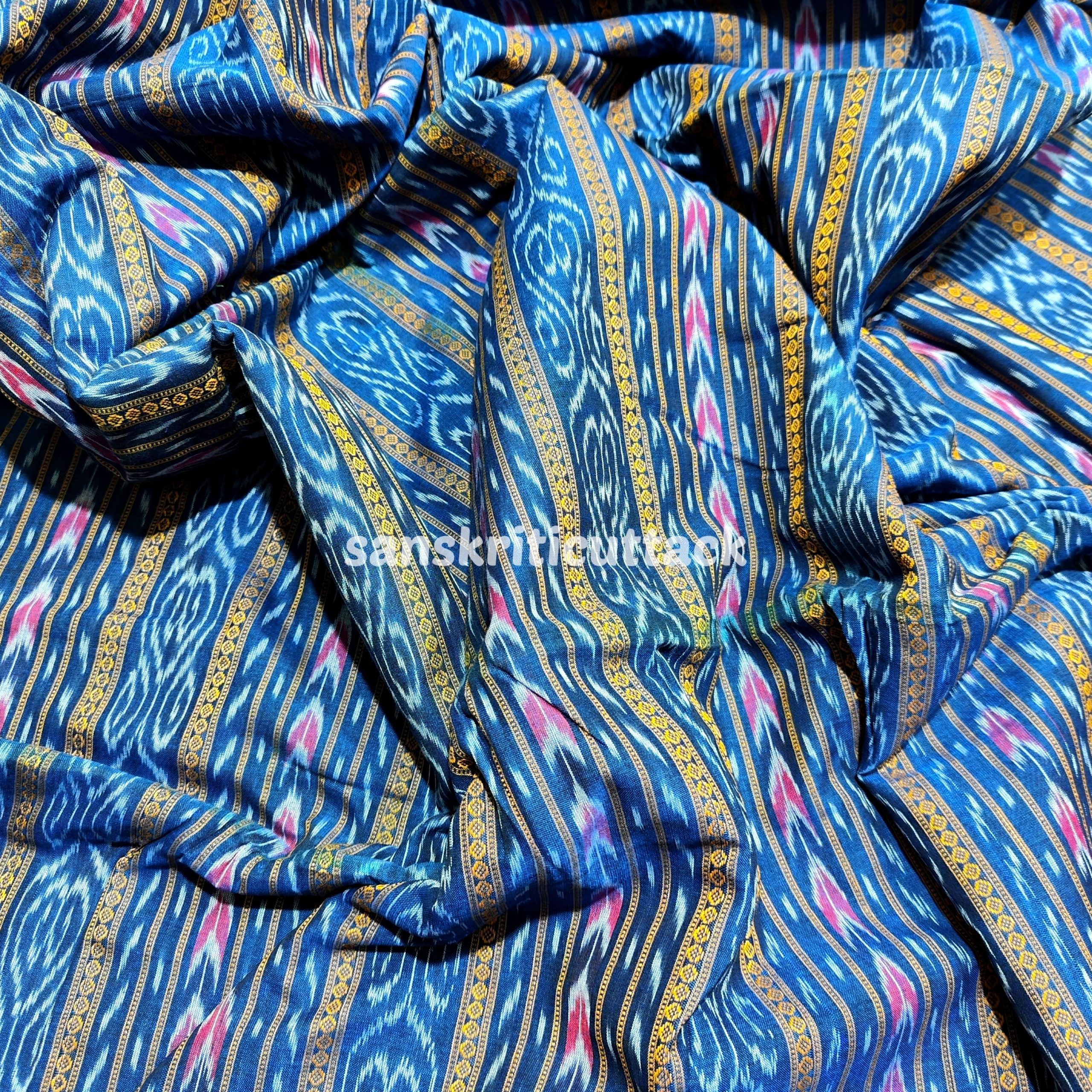 Indigo Handloom Cotton Sambalpuri Ikat Fabric - Sanskriti Cuttack