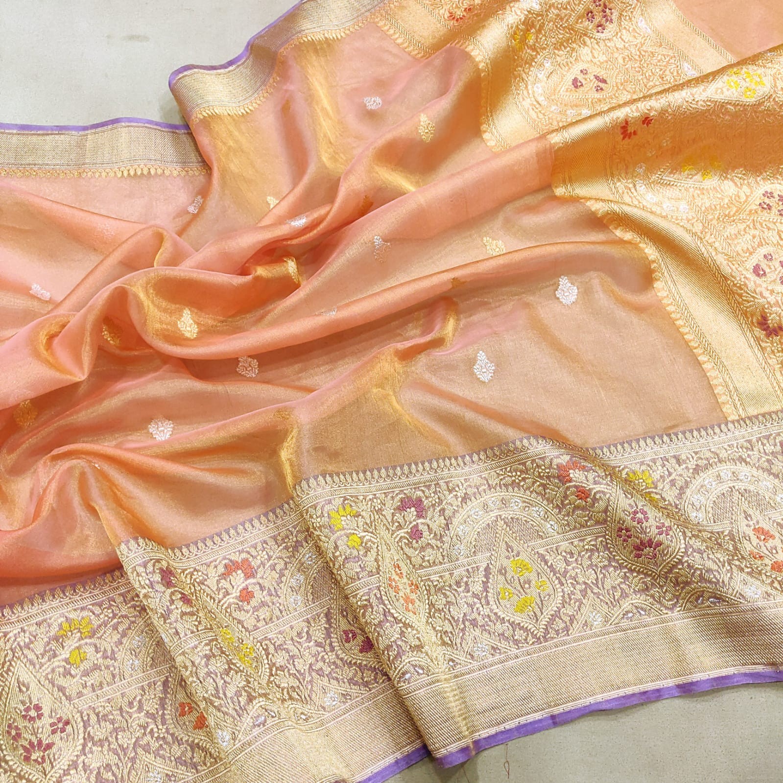 Light Orange Kora by Tissue Ektara Silk Handwoven Banarasi Saree ...